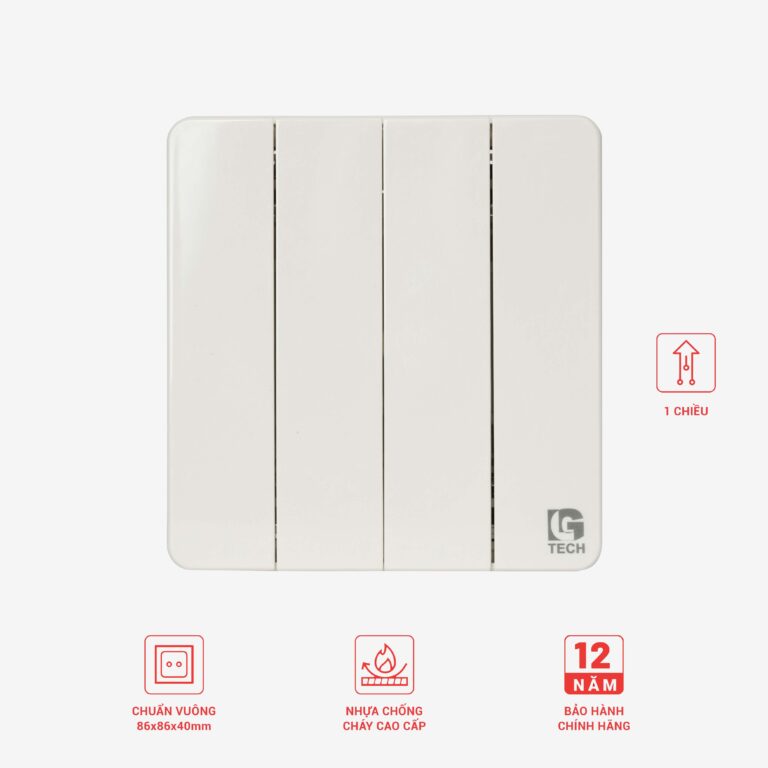 Công tắc điện 4 nút, một chiều, màu trắng tràn viền LG Tech LG-AB-K1-004 | Technology For Life