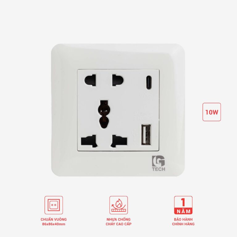 Ổ điện vuông 5 chấu có cổng sạc Type C, USB LG-TT-150 | Technology For Life