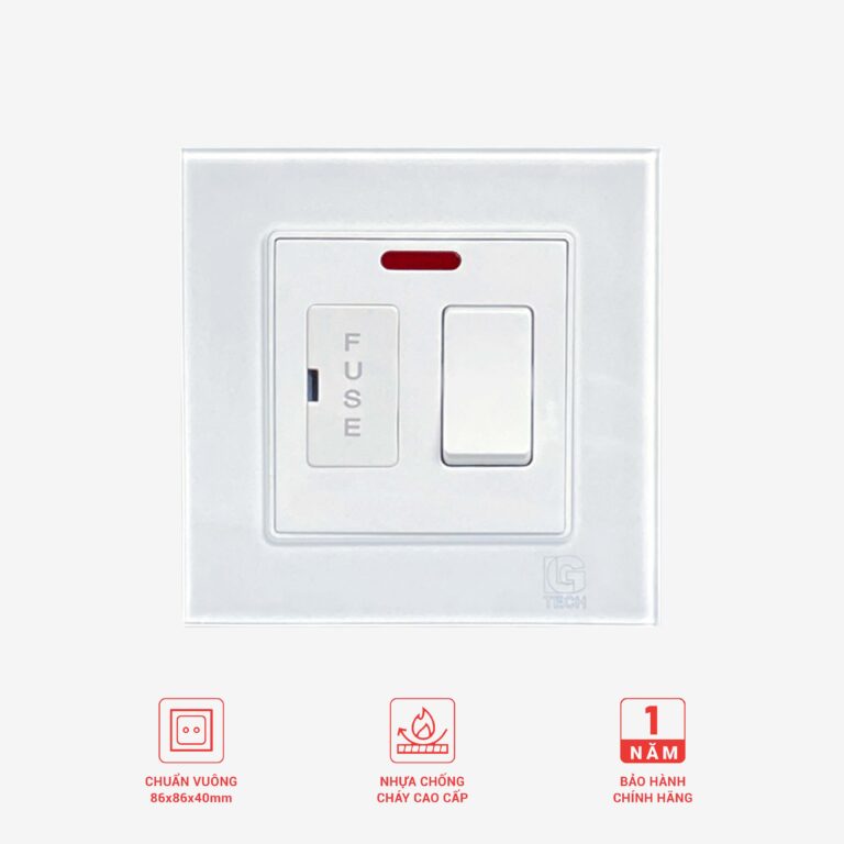 Công tắc cầu chì 2 cực an toàn, chuẩn vuông, viền kính màu trắng LG Tech mã LG-F71W-112 ...