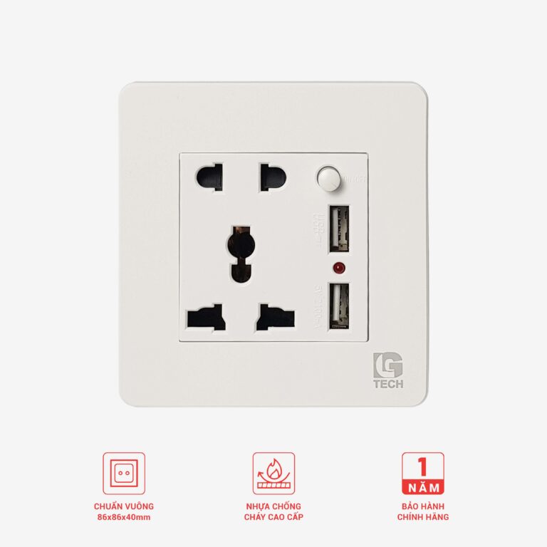 Ổ cắm điện 5 chấu tràn viền, có 2 cổng USB, chuẩn vuông, màu trắng LG Tech mã LG-AB-K1-073 ...